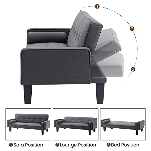 AWQM Futon Sofa Bed, Upholstered Convertible Folding Sleeper Sofa with 2 Pillows, Modern Futon Couch for Apartment, Small Loveseat for Living Room and Bedroom, Dark Grey