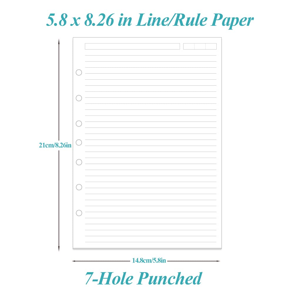 A5 Lined Refill Paper - 100 Sheets/200 Pages Loose Leaf Paper for Filofax Planner, Organizer, Binders, 7-Hole Punched, 100gsm Ruled White Pages, 5.8" x 8.2" (White)