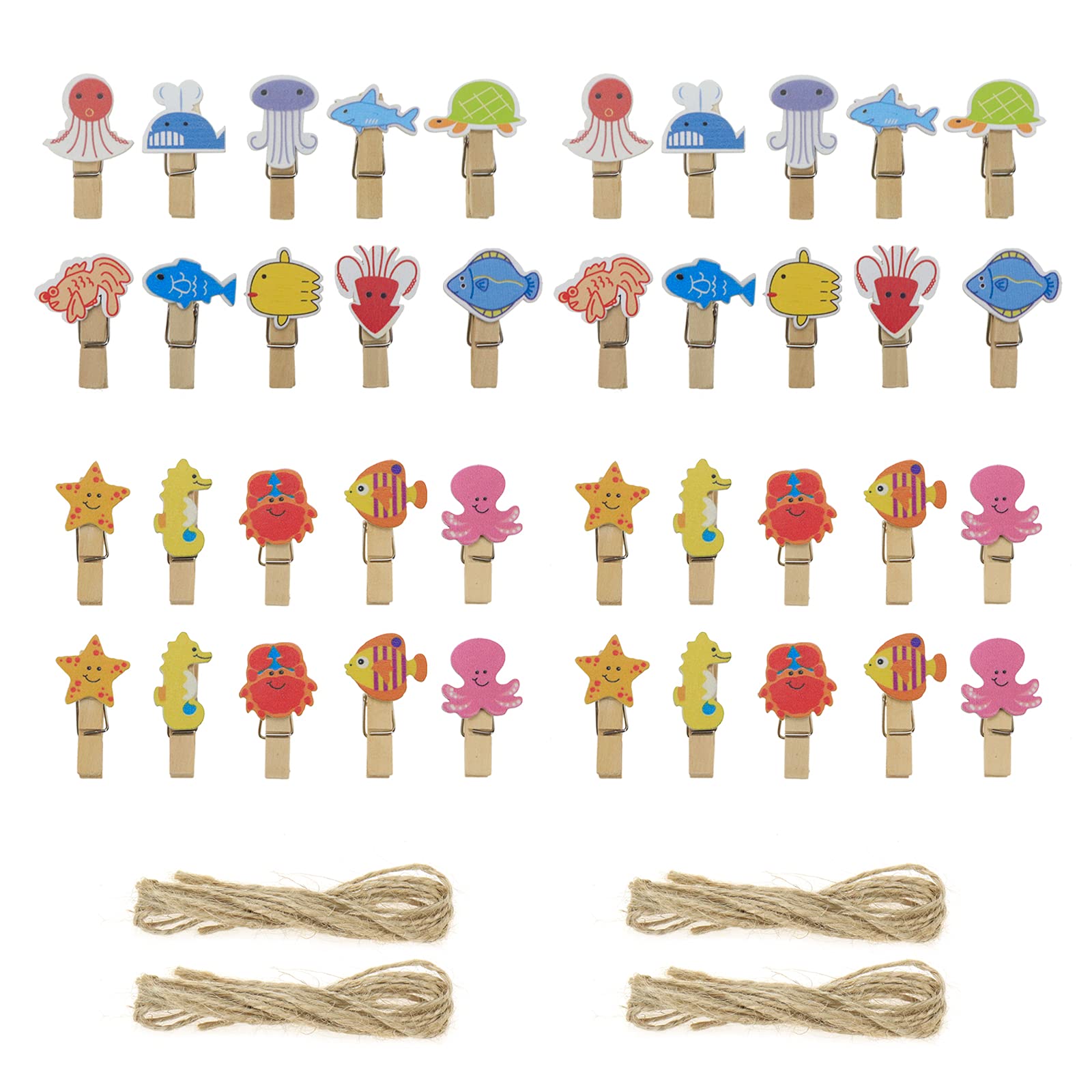 Bitray Mini Wooden Clothespins Cute Ocean Animals Wooden Clips Multi-Function Photo Paper Peg Pin Craft Clips - 40pcs