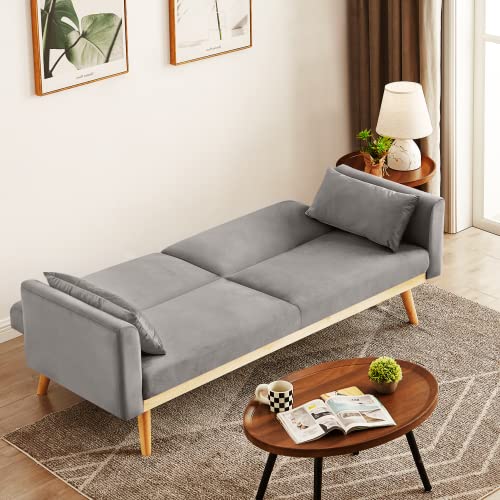 AWQM Velvet Futon Sofa Bed, Memory Foam Couch Set, Upholstered Modern Daybed Convertible Folding Loveseat Recliner with Pillows and Wooden Frame for Compact Living Room, Apartment, Dorm, Office (Grey)