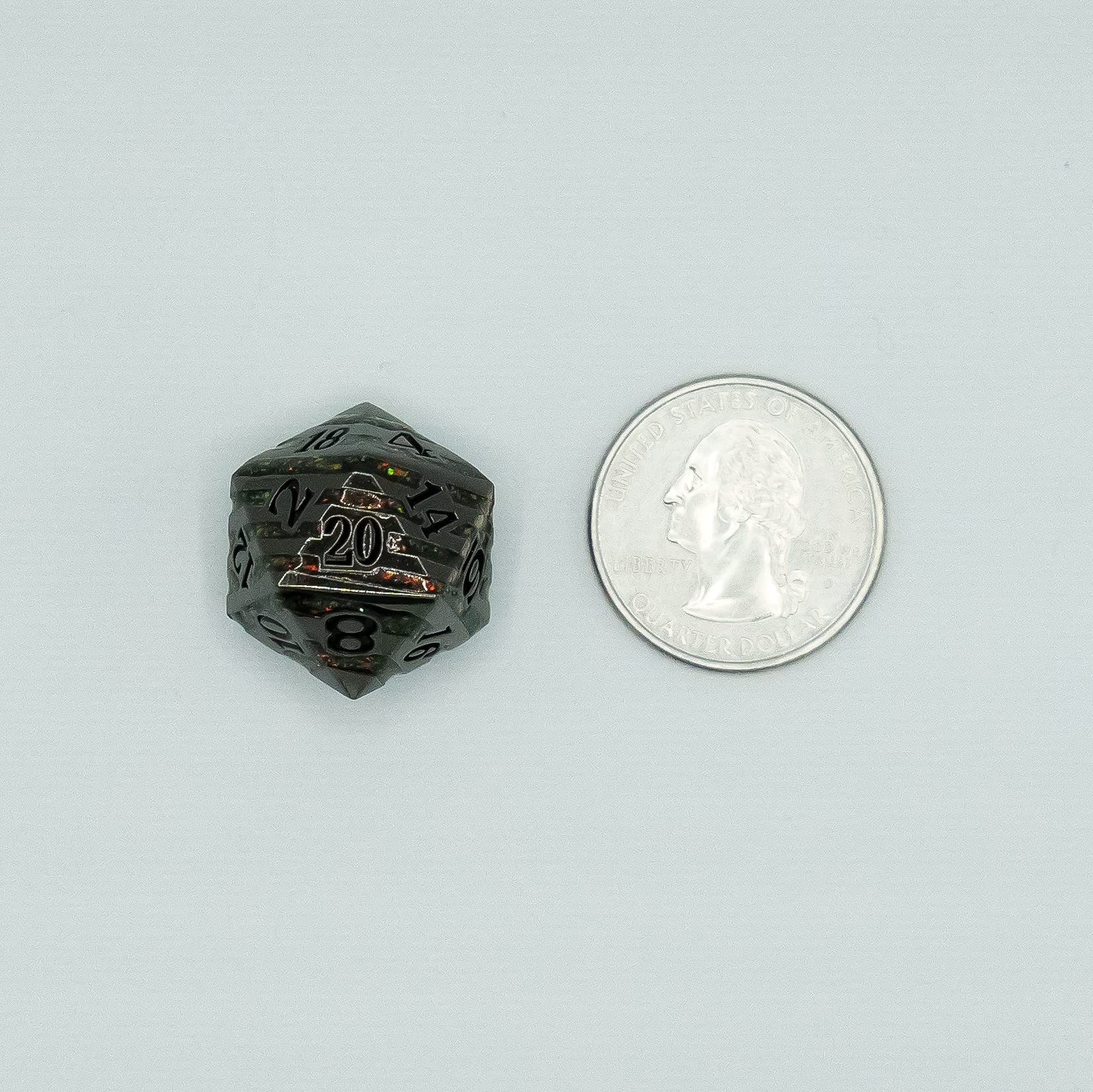 TINY GREMLIN Metal Dice of Dwarven Mining - Dungeons and Dragons Dice - Orange Glitter with Antique Nickel Metal Swirl with Black Font
