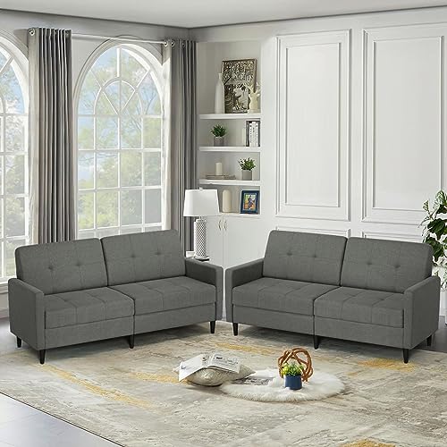 BIVVI 77β Long Linen Fabric Sofa Bed Convertible Loveseat Couch with Adjustable Backrest and Wooden Legs,Sleeper Lounge Couch for Living Room/Dorm/Guest/Home Office/Apartment,Gray