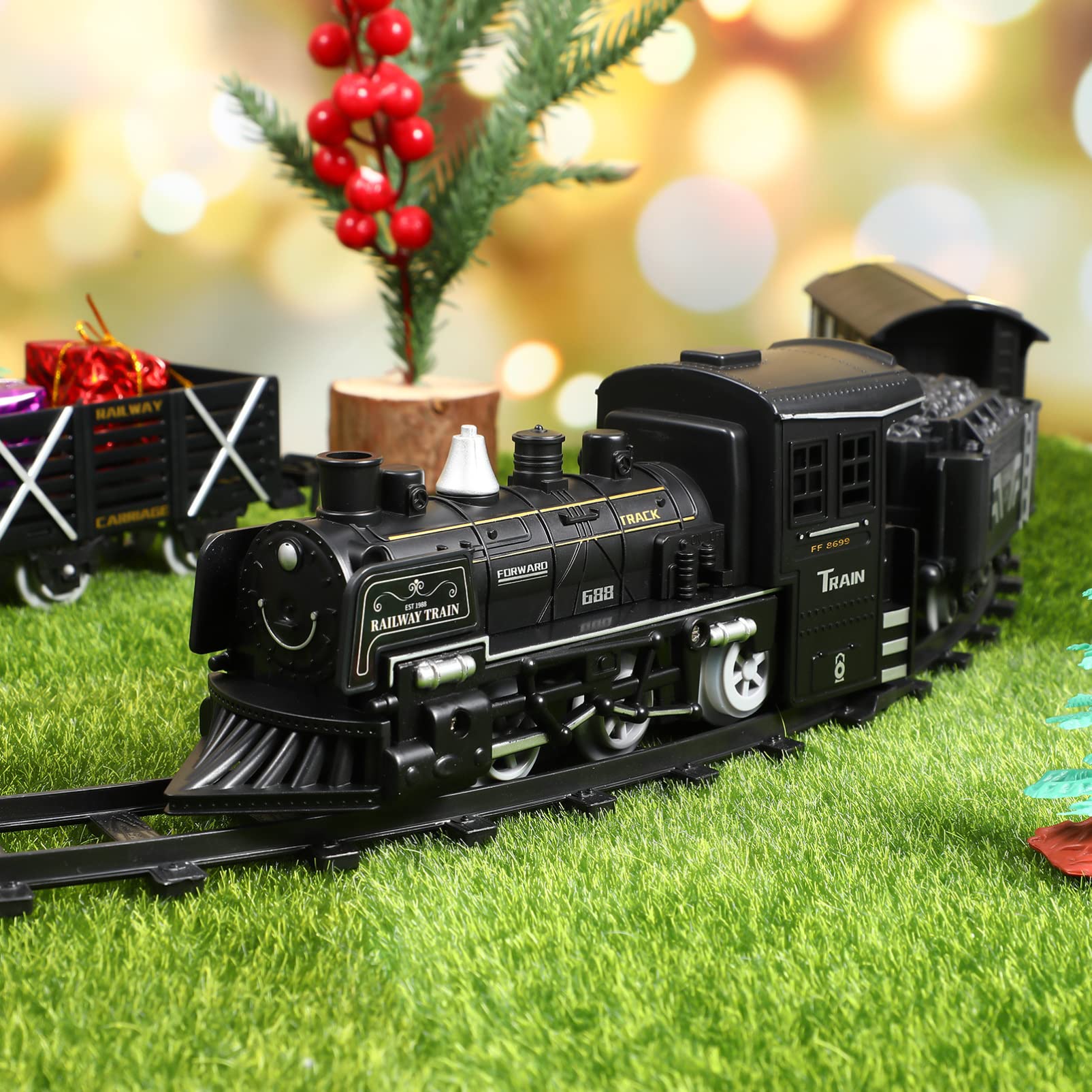 Electric Train Set for Kids- Battery- Powered Model Train with, Sounds& Lights Steam Locomotive Engine, Cargo Cars& Tracks- Christmas Train Sets for Under The Tree