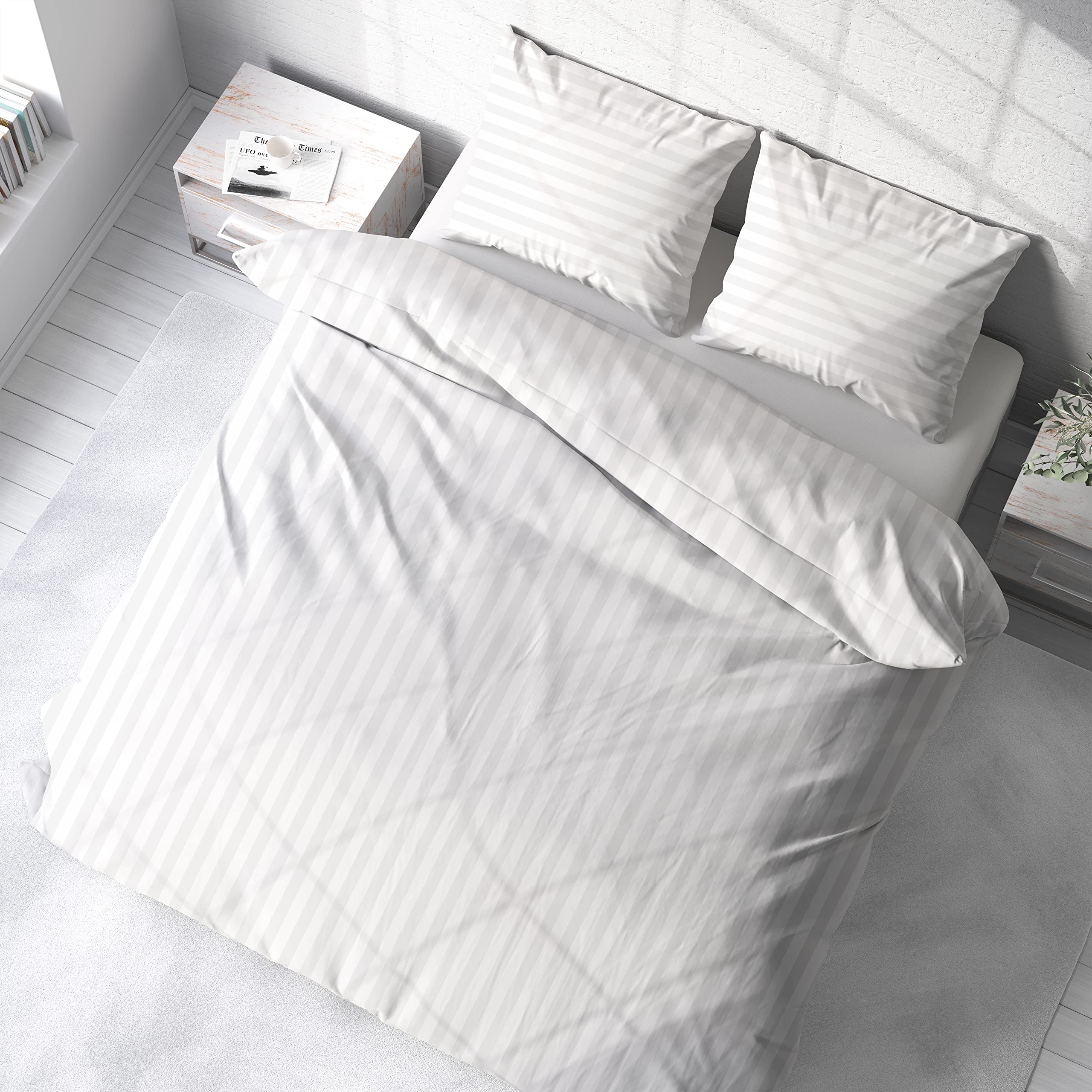 Kotton Culture 1000 Thread Count Striped Duvet Cover - California King 3 Piece Duvet Set 100% Egyptian Cotton Breathable All Season with Zipper & Corner Ties Soft Comforter Cover - White