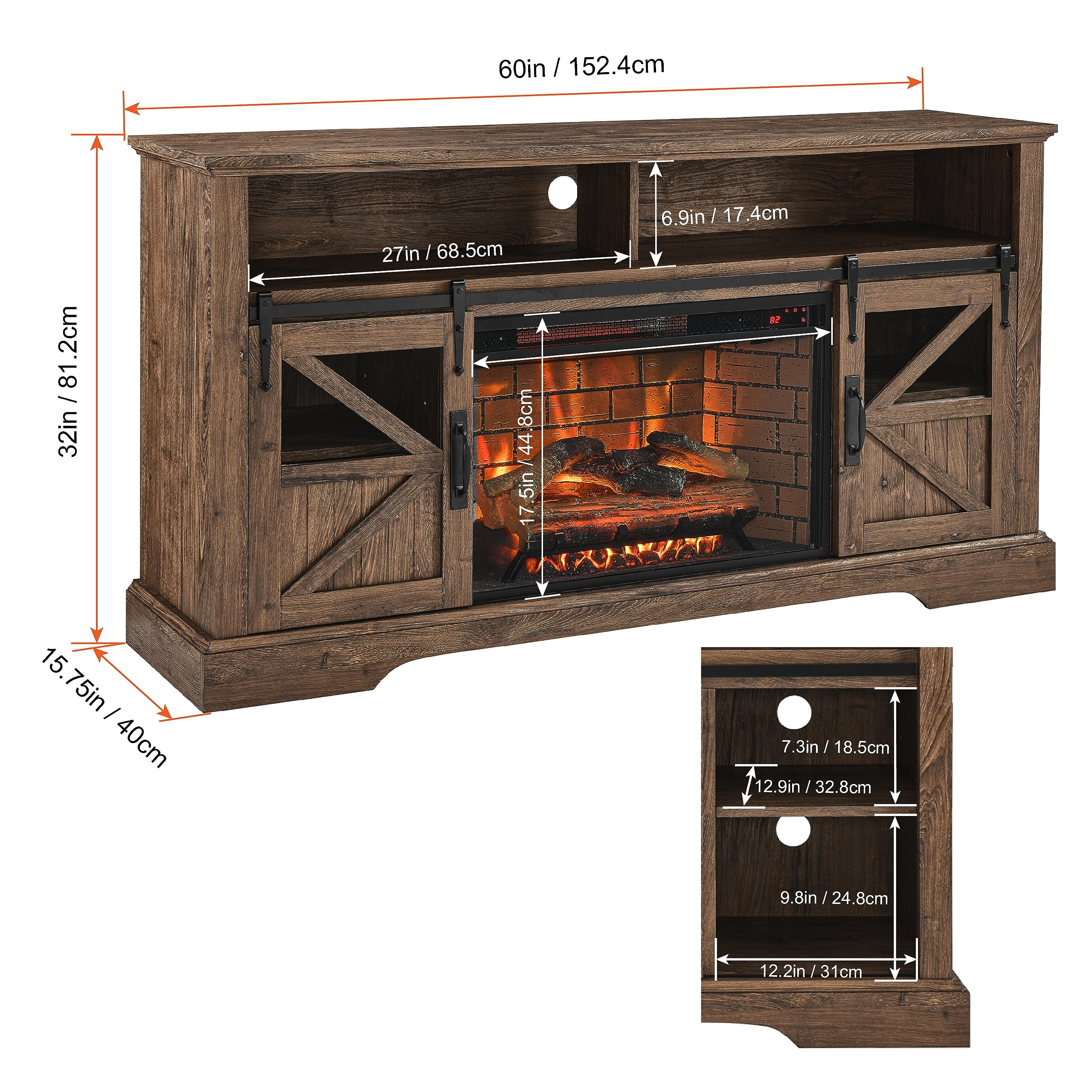 60" Electric Fireplace Entertainment Center with Door Sensor-Reclaimed Barnwood Color