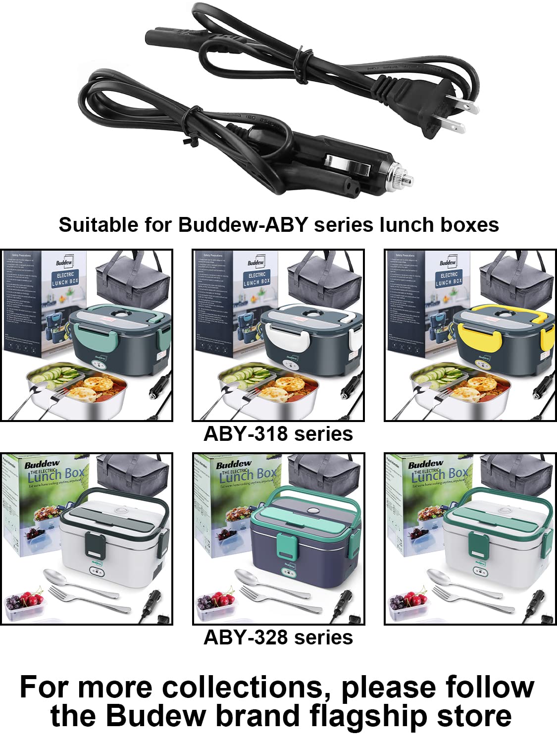Buddew Power Cord - 12/24V/Car Charger & 110-230V Home/Office Wall Charger Compatible wtih Buddew Electric Lunch Box ABY Series, Portable Electric Heating Bento Box Power Cable