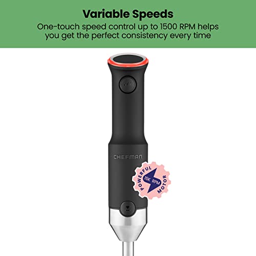 CHEFMAN Cordless Portable Immersion Blender 5-in-1 Blender Set, Ice Crushing Power with One-Touch Speed Control, Comes with Potato Masher, Whisk, Chopper, Beaker, and Storage Case, Stainless Steel