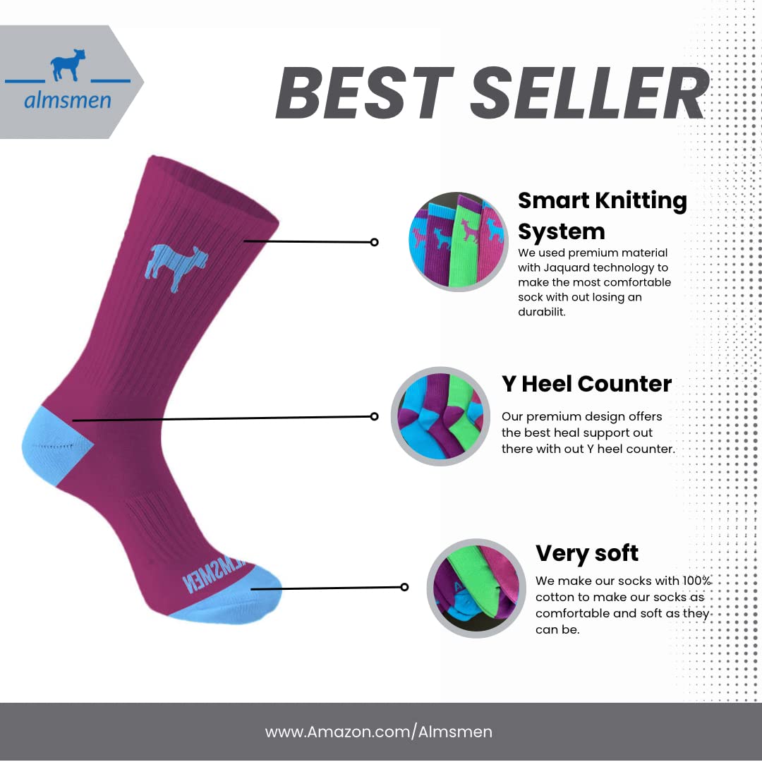 Almsmen 4 Pack Running Hiking Athletic Crew Socks, 100% Cotton for both Men and woman, Double Cushioned, You Buy = We Donate (as1, alpha, m, regular, regular)