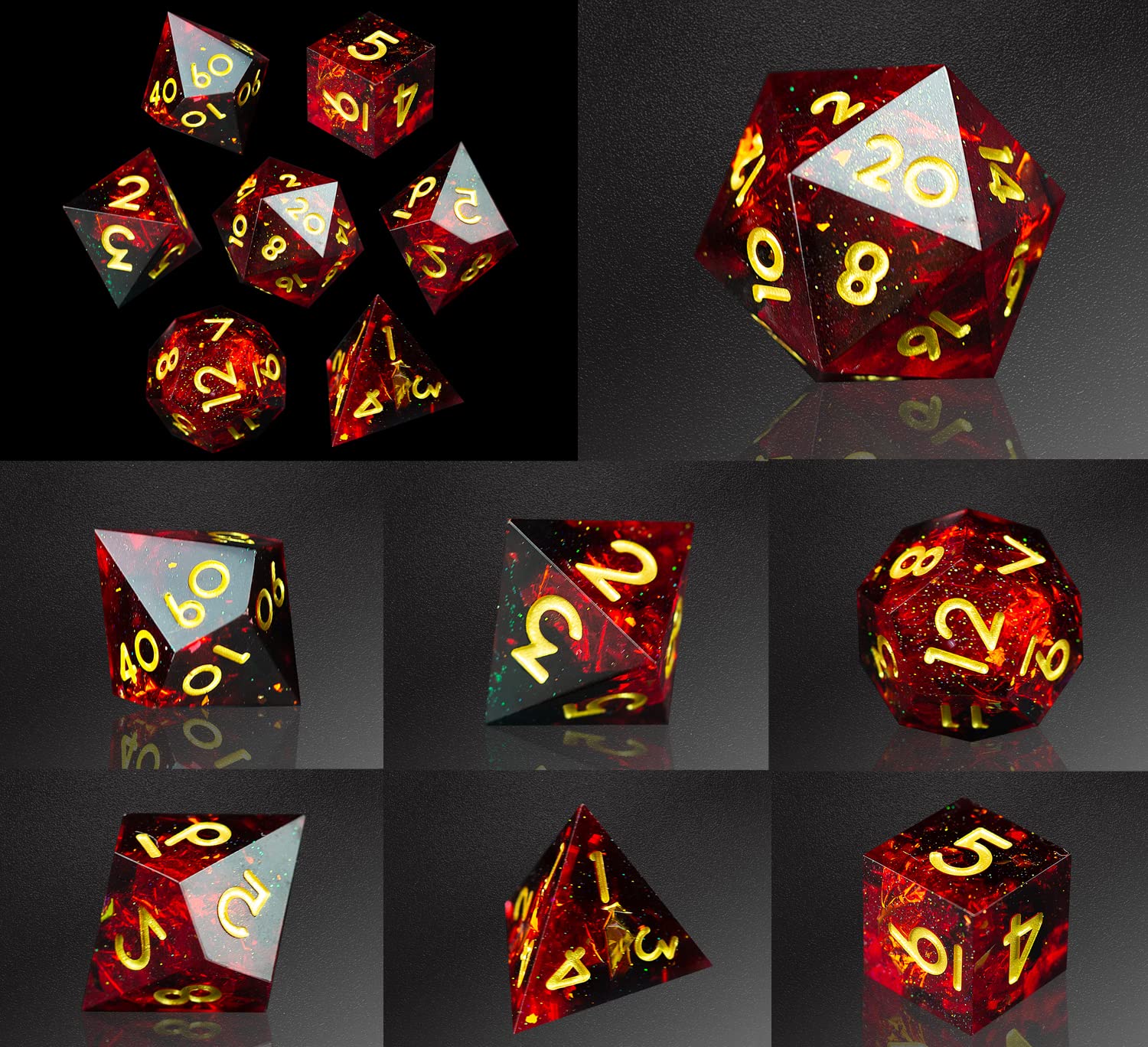 ATNPNTR DND Dice Set Sharp Edge Polyhedral Inclusions for Tabletop Role Playing Game TTRPG Dungeons & Dragons Beautiful Aesthetic Conscious RPG Player Red Ruby