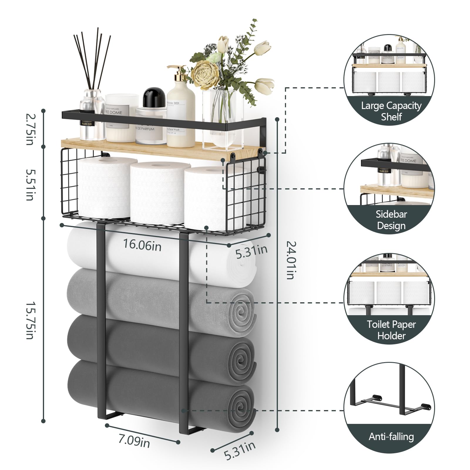 Towel Racks for Bathroom, Metal Towel Holder with Storage Basket,Wall Towel Rack for Rolled Towels, Towel Storage for Small Bathroom,Bathroom Shelves.