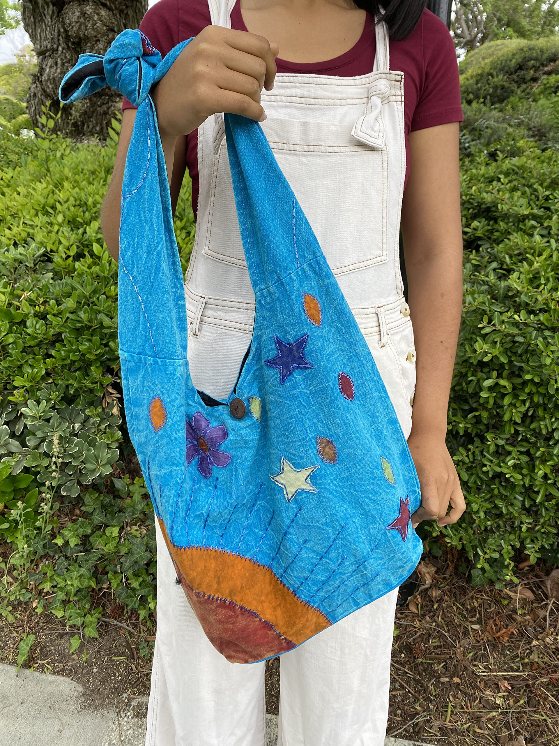 Elements of Nature Bohemian Hand-Stitched Hippie Hippy Shoulder Crossbody Monk Handbag in Blue Large