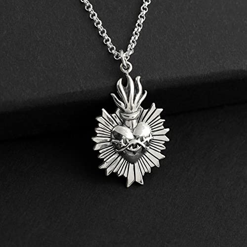 A Charmed Impression Sacred Flaming Heart with Thorns Charm Necklace • Solid Sterling Silver Heart • God's Love • Jesus Love Pendant Necklace