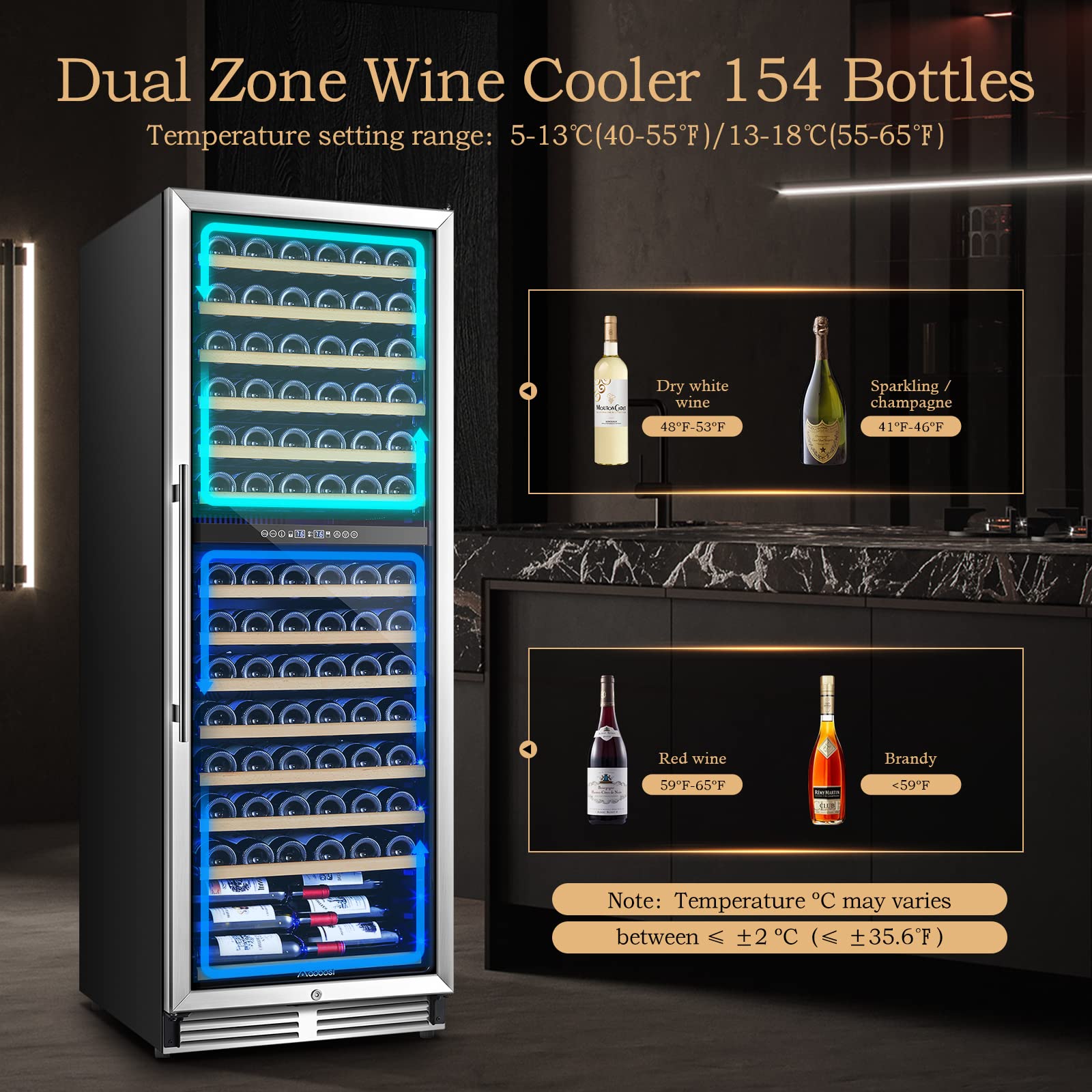 AAOBOSI 24 Inch Wine Cooler Dual Zone, 154 Bottles Wine Refrigerator Built in or Freestanding Wine Fridge 40ยฐF-65ยฐF with Intelligent Temperature Control-Memory Function-Powerful Compressor-Quiet
