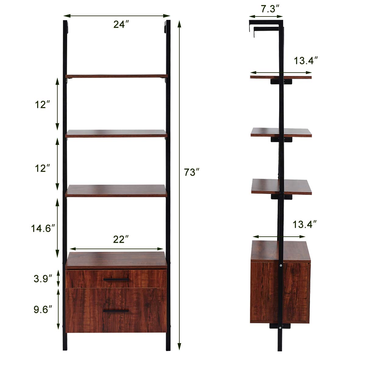 AECOJOY Wall Mounted Industrial 3-Tier Bookshelf with 2 Wood Drawers and Matte Steel Frame Ladder Shelf Bookcase, Ideal for Bathroom Home Office, Black