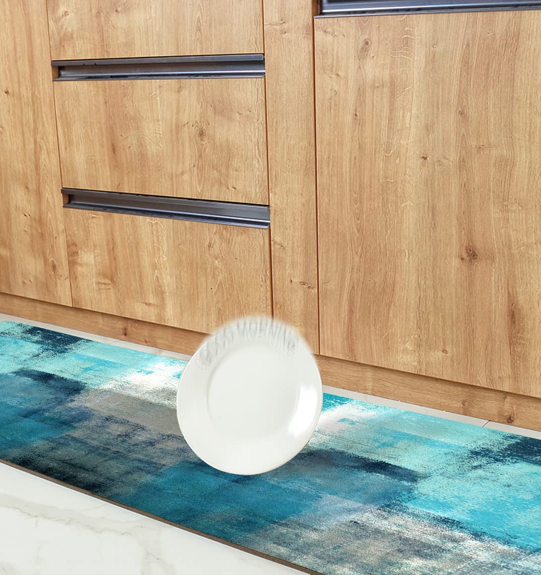 AILUER Kitchen Rug Set,Set of 2 Turquoise Modern Art Kitchen Rugs and Mats,Teal Non-Slip Kitchen Rugs for Kitchen Dining Room Laundry (Turquoise Rugs, 17"x29.5"+17"x47")