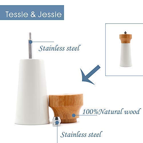 Salt and Pepper Grinders White Salt Shaker Wooden Pepper Salt Grinder Set Pepper Mill - Stainless Ceramic Refillable for Sea Salt Black Pepper - 5" And 6" Christmas Gift Set By Tessïe & Jessïe