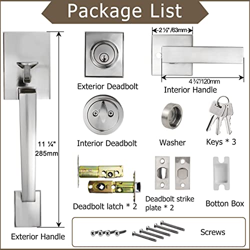Azdele Satin Nickel Front Door Handle with Deadbolt and Lever Set, Modern Front Door Lock Set, Door Handle with Single Cylinder Deadbolt for Exterior Door, Reversible for Right&Left Handed