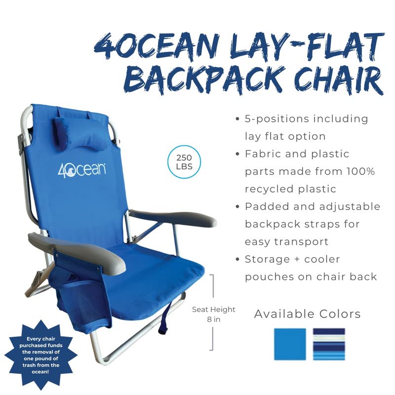 4Ocean Lay Flat Backpack Beach Chair | 250 lb Capacity | Foldable and Transportable | Rust-Proof Aluminum Frame | Reclining Positions | Cup and Cell Phone Holder | Cooler Pouch