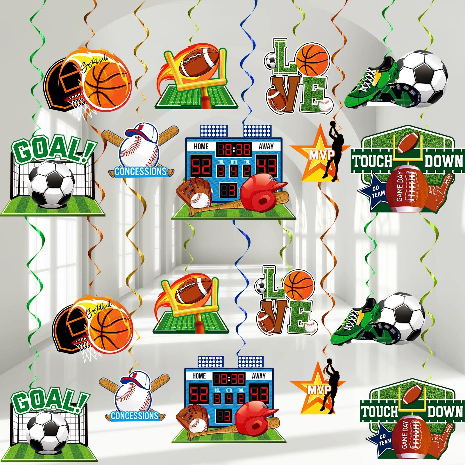 60 Pcs Sports Themed Birthday Party Supplies Soccer Baseball Basketball Party Decorations Sports Hanging Swirls Decorations Sports Party Decorations for Kids Birthday Sport Party Supplies