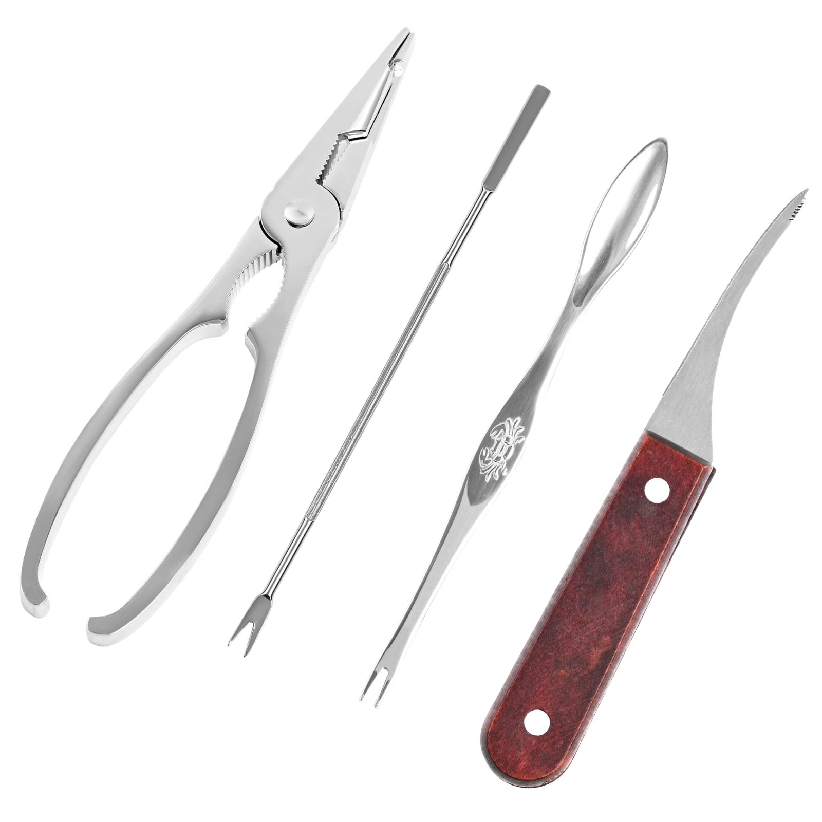 4pcs Seafood Tools Set, 1pc Lobster Crab Cracker Seafood Crab Leg Cracker 1pcs Shrimp Peeler Portable Shrimp Cleaner Knife with Wooden Handle 2pcs Lobster Forks Crab Forks Nut Forks