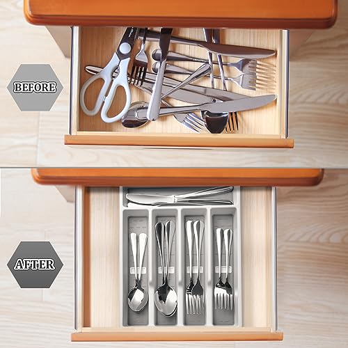 CherHome Silverware Organizer with Cutlery Icons,Silverware Tray for Kitchen Drawer,Plastic Flatware Tableware Silverware Drawer Organizer Utensil Organizer with Non-slip TPR Linings,5-Compartment(Grey)