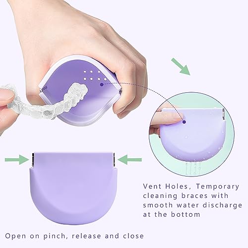 ChezMax Retainer Case 2 Pcs, Silicone Mouth Guard Case with Vent Hoels, Cute Denture Container Braces Holder for Women Kids Men, Portable Travel Aligner Cleaner Case for Invisalign Accessories(Purple)
