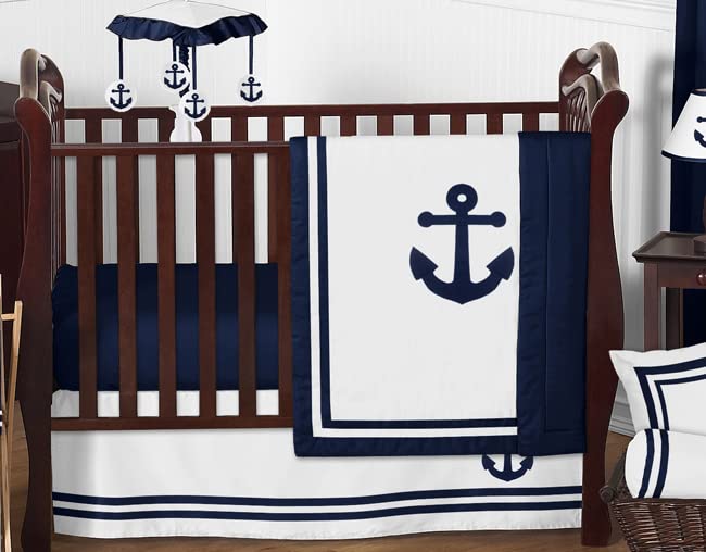Sweet Jojo Designs Anchors Away Nautical Navy and White Boys Baby Bedding 11 Piece Crib Set