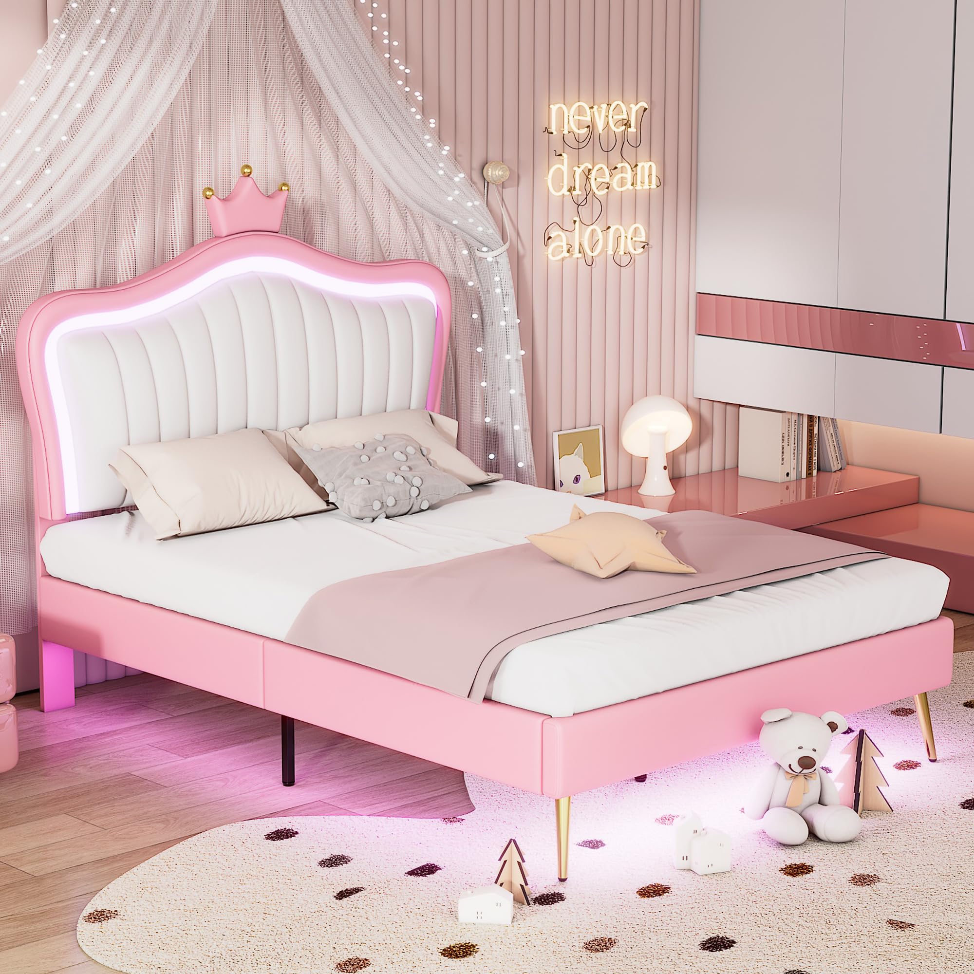 Harper & Bright Designs Full Size Princess Bed with Crown Headboard and LED Lights, PU Upholstered Full Platform Bed with Adjustable Headboard, Kids Full Size Bed Frame for Boys Girls (White+Pink)