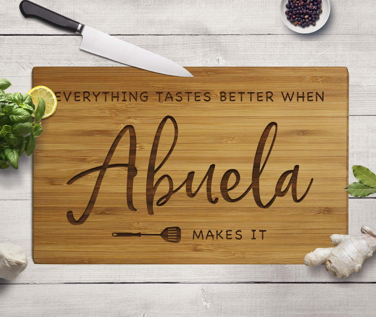 Andaz Press Large Bamboo Wood BBQ Cutting Board Gift, 17.75 x 11-inch, Everything Tastes Better When Abuela Makes It, 1-Pack, Engraved Serving Chopping Board Christmas Birthday Chef Kitchen Ideas