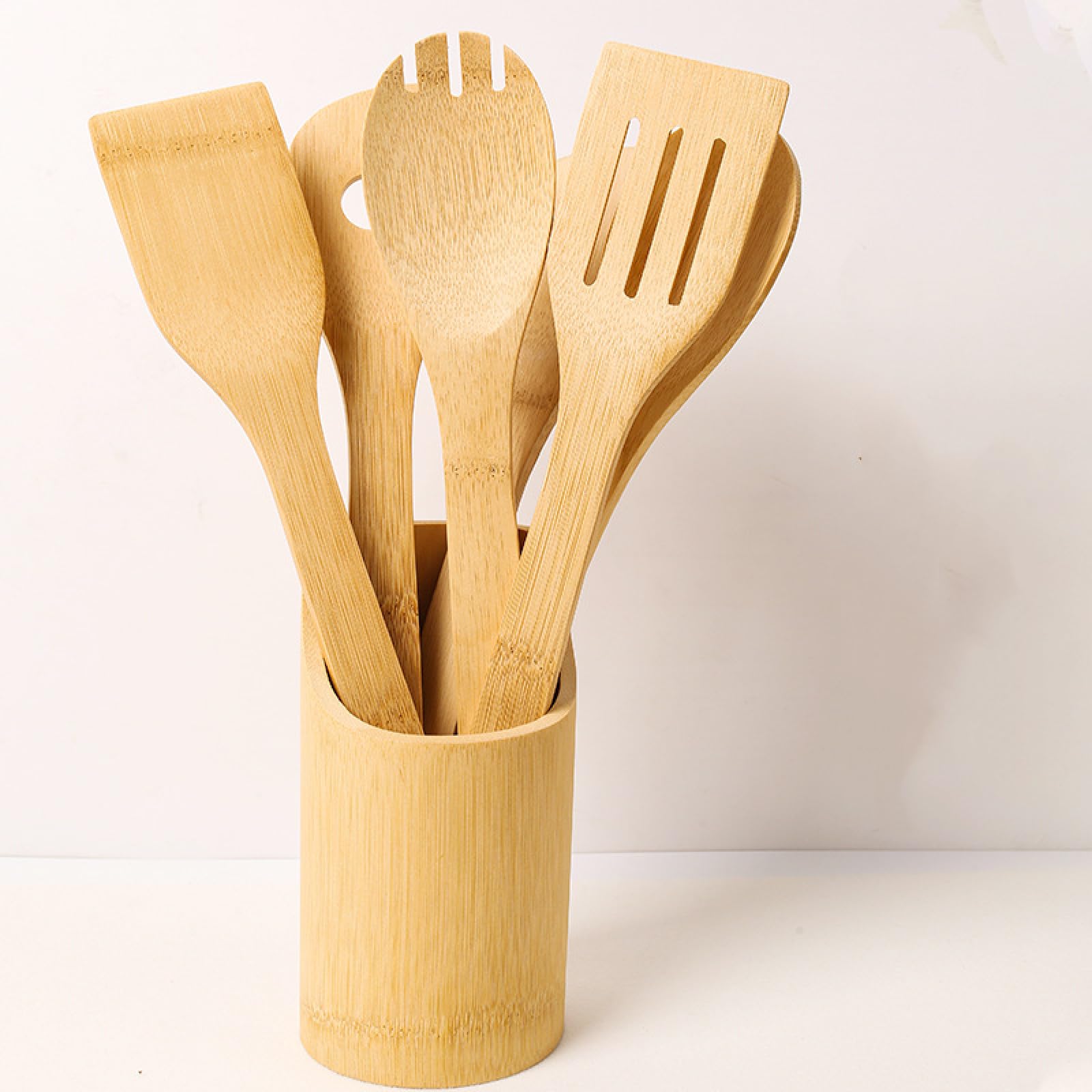 7 Pieces Bamboo Kitchen Utensils Set, Nonstick Pan, Stir-frying Spatula, Wooden Cutlery, Cooking Spoon, Hanging Knife, Round Fork