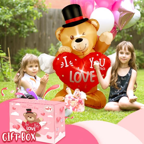 AerWo 4 FT Valentines Day Inflatable Bear with Love Heart, Lighted Valentines Inflatables Teddy Bear Blow Up Yard Outdoor Garden Home Party Wedding Decor, Romantic Sweet Valentines Gift