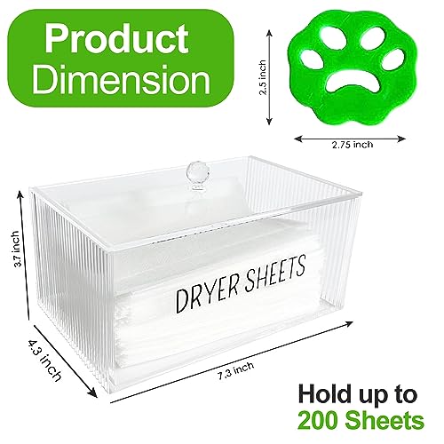 Acrylic Dryer Sheet Holder , Dryer Sheet Dispenser with Lid , Laundry Room Decor & Organization , ModernStyle Multi-Purpose Laundry Pods , Dryer Balls , Free pet hair remover for laundry
