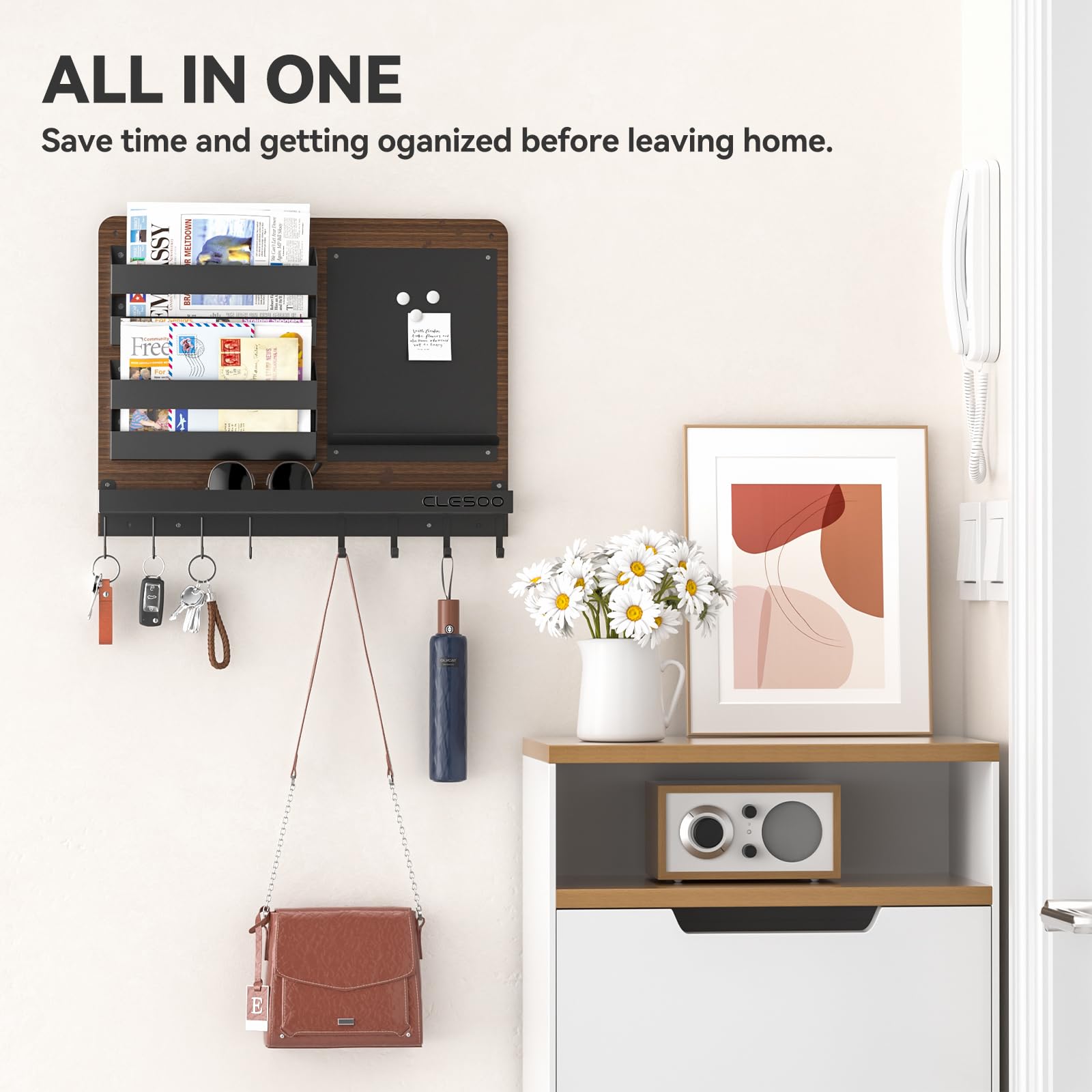CLESOO Key and Mail Holder for Wall Mount - 8 Key Hooks Mail Organizer Wall Mount with 2 Mail Holders, Magnetic Board, Floating Shelf - Key Rack Hanger Home Decorative for Entryway Hallway Letter