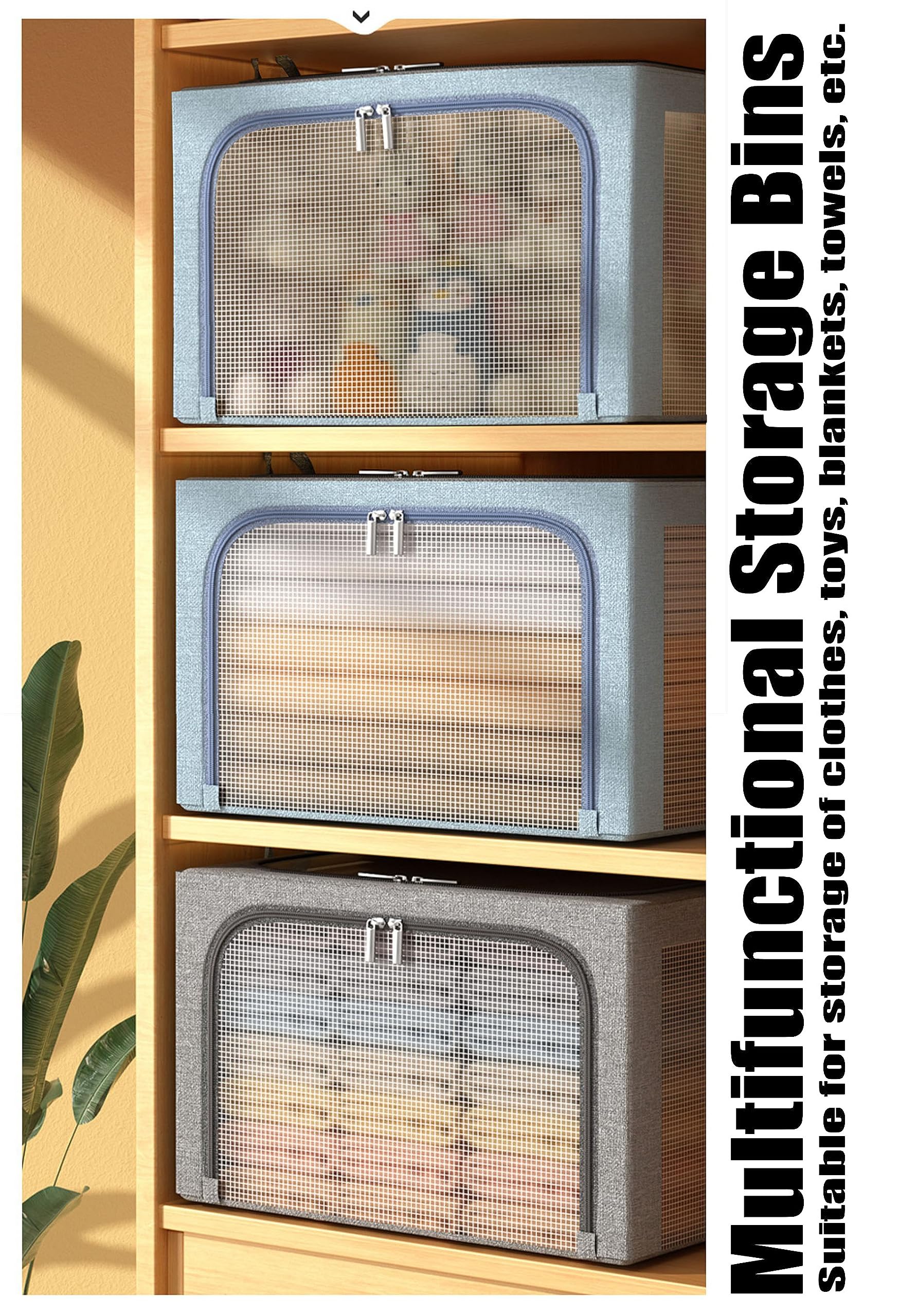AARAINBOW Closet Clothes Organizer 4 Pcs, Stackable Storage Bins with Clear Window & Handles Steel Frame Storage Boxes with Lids Foldable Storage Container for Clothes Toys, 24L (2 Gray 2 blue)