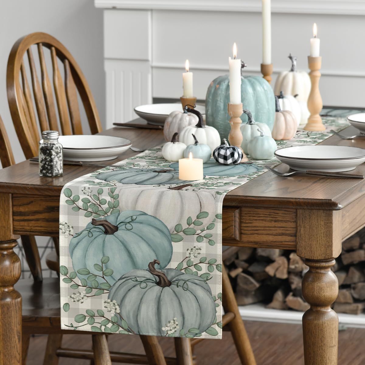 Artoid Mode Buffalo Plaid Pumpkins Leaves Eucalyptus Fall Table Runner, Autumn Thanksgiving Kitchen Dining Table Decoration for Home Party Decor 13x72 Inch