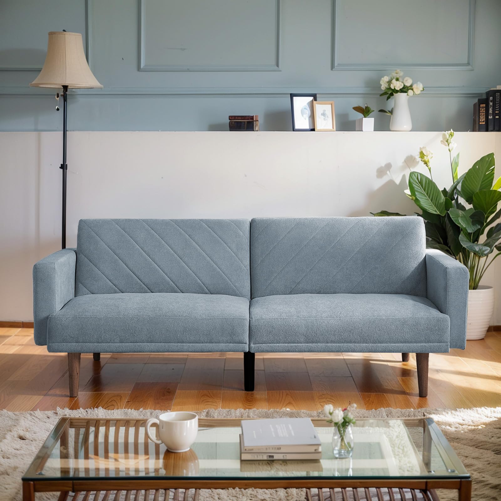 Artfurniz Folding Futon Sofa Bed: Reclining Sleeper Loveseat Convertible Modern Faux Leather Couch for Living Room Bedroom Apartment Solid Wood Leg, Light Blue
