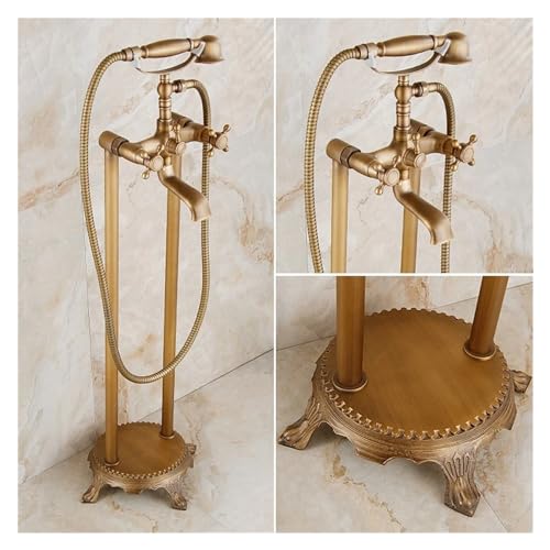 Antique Brass Floor Mounted Bathtub Shower Faucet, Dual Handle Standing Bathroom Faucet ,Brass Swivel Spout 150cm Shower Hose,Kitchen Sink Faucet