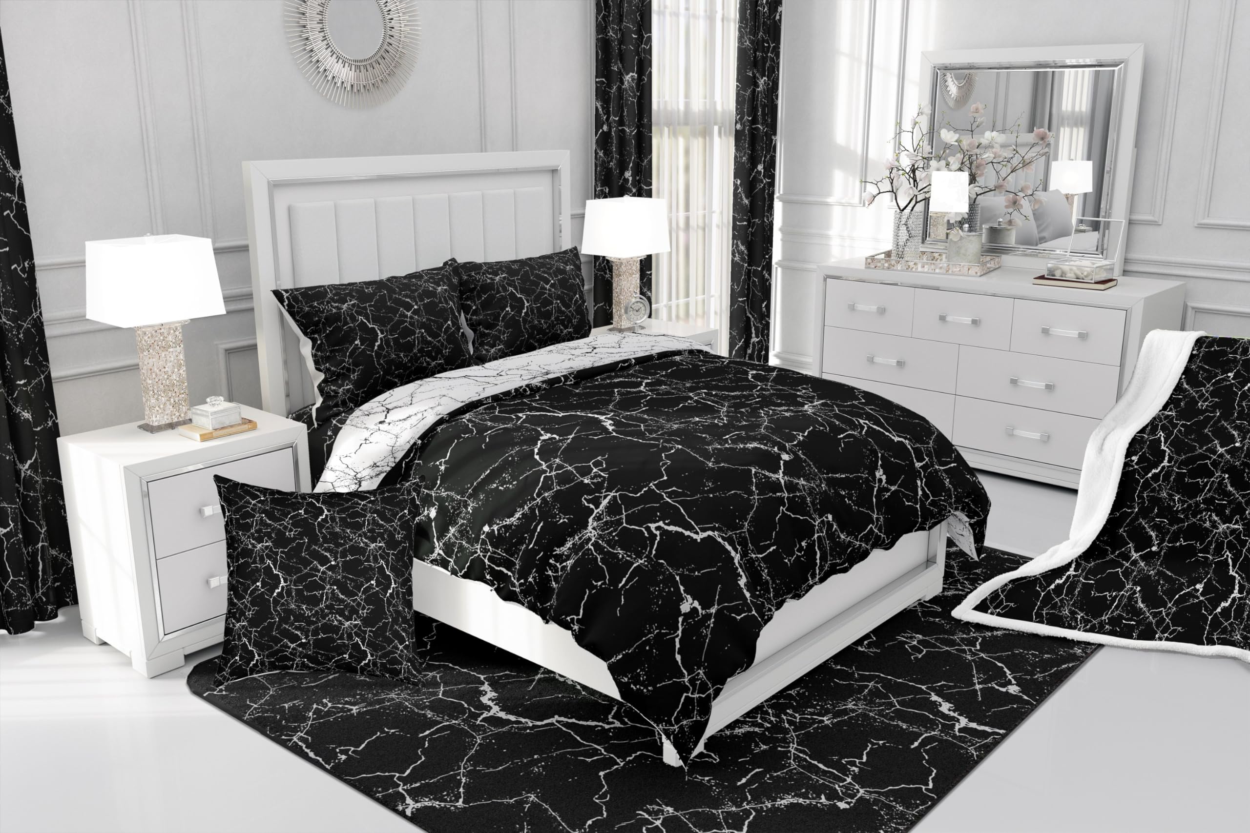 Black Marble Duvet Cover Queen Reversible White Marble Bedding Set 3 Pcs Black and White Marble Texture Printed Comforter Cover, Ultra Soft Microfiber Bed Quilt Modern Style for Men and Women