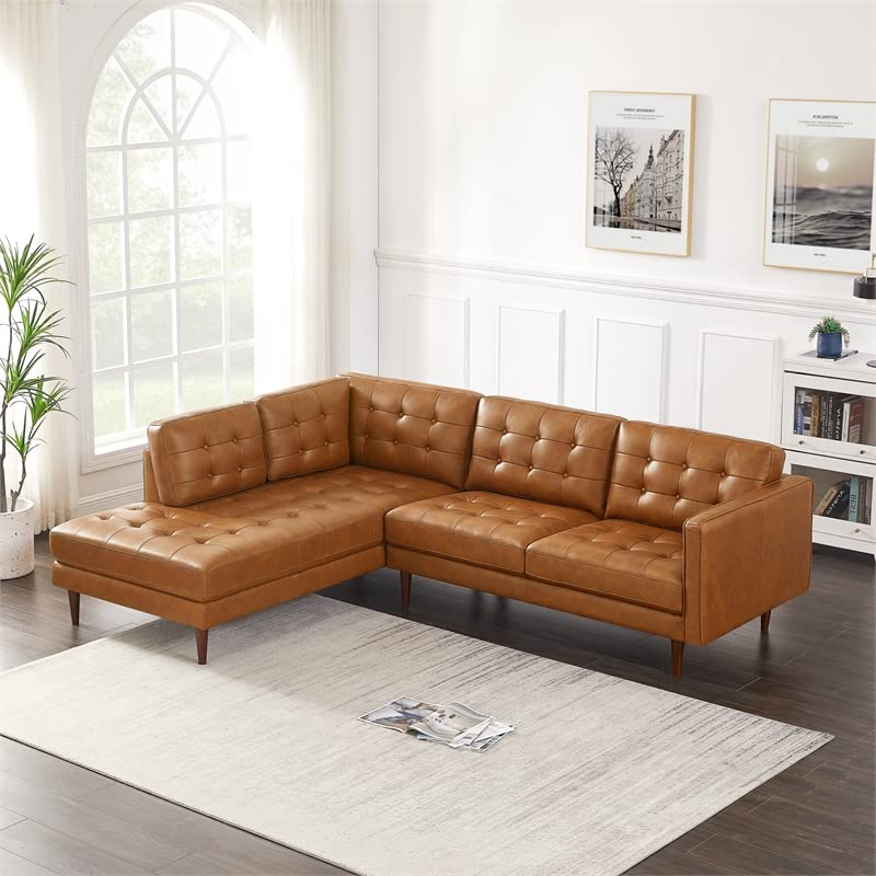 ASHCROFT Lucille Modern Living Room Top Leather Corner Sectional Couch in Cognac Tan
