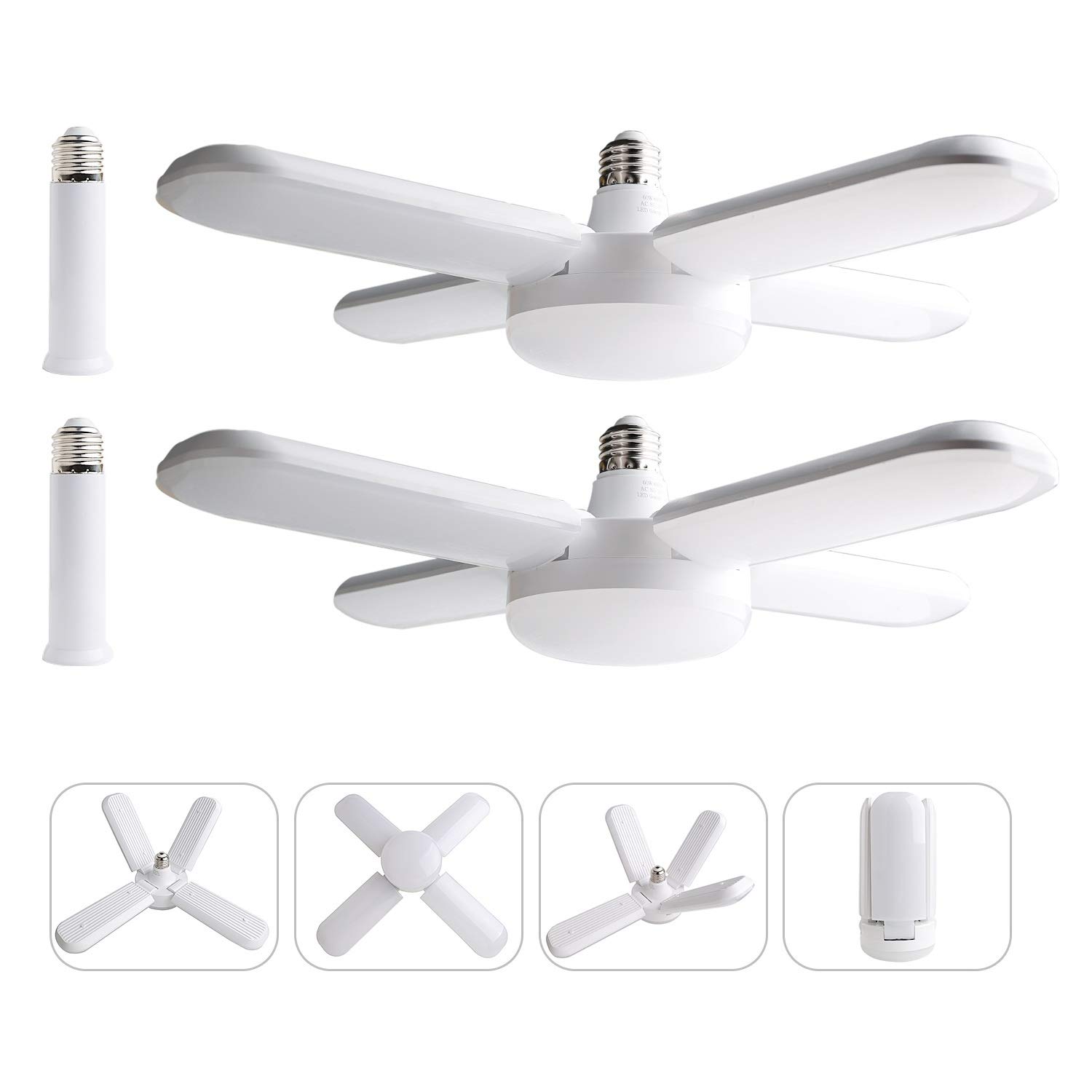 60W Deformable LED Garage Light with 4 Adjustable Light Panels & 1 Light Center, E26 Base with Extender 6000K Daylight White, 6000LM LED Shop Lights for Garage Warehouse Workshop Basement, 2Pack
