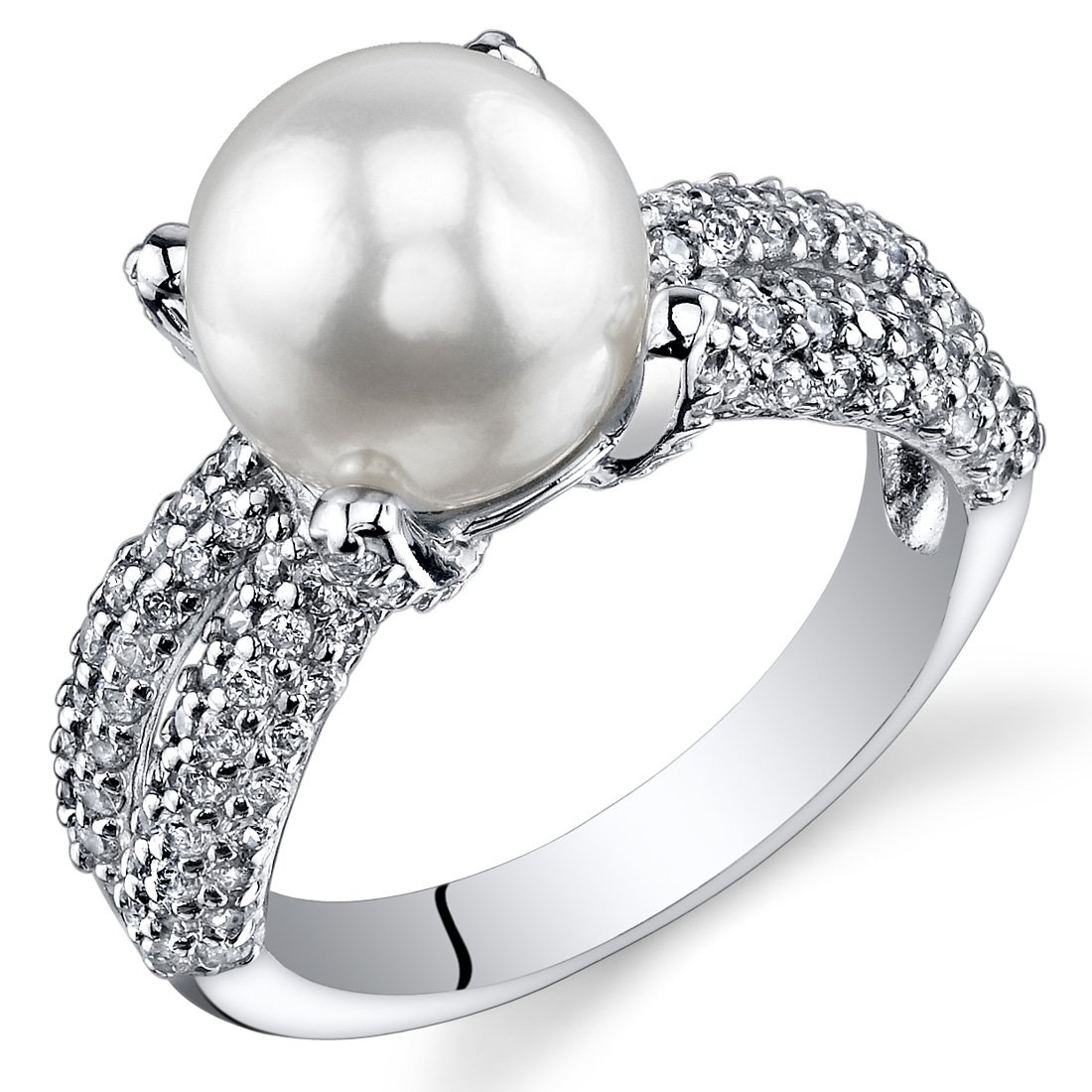 4 Prong Freshwater Cultured White Pearl Ring (8.5-9mm) Sterling Silver CZ Accent Size 7