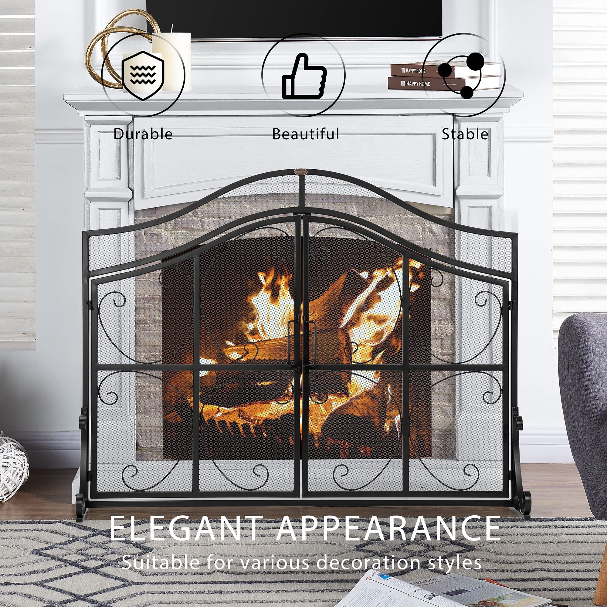 VIVOHOME 43.3 x 34 Inch Wrought Iron Fireplace Screen with Doors Metal Decorative Mesh Fire Spark Large Flat Guard Gate Cover Fireplace Barrier Panels Black