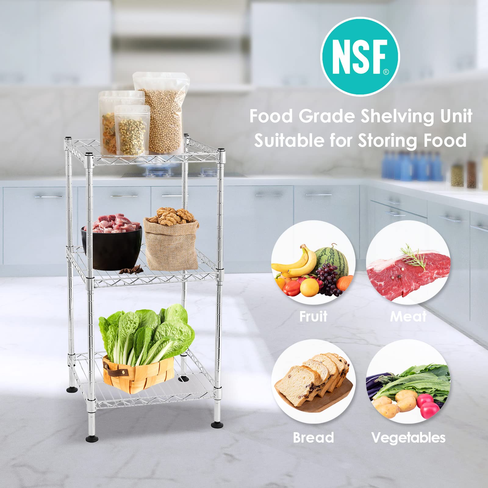 ANTSKU 3-Tier Adjustable Shelving Unit, Metal Wire Rack with Leveling Feet, Standing Storage Shelf for Laundry, Bathroom, Kitchen, Pantry, Closet (12" D x 12" W x 23.5" H, Chrome)