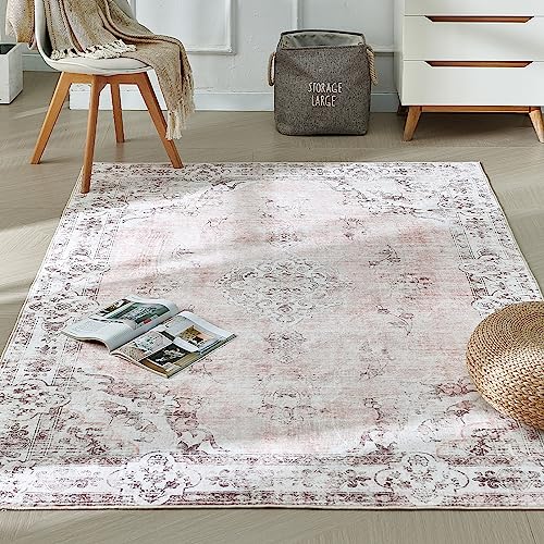 BRICHOEE Vintage Machine Washable Area Rug 5x7 Light Pink Low-Pile Indoor Floral Print Carpet Non Slip Printed Persian Boho Rug for Living Room