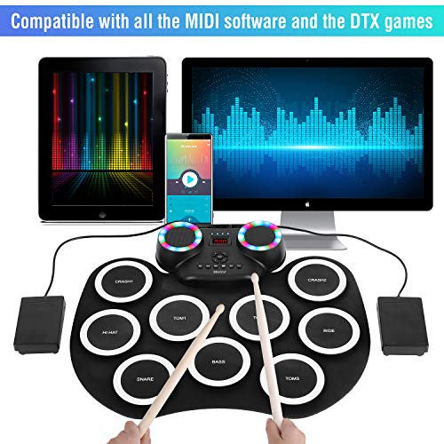 9 Pads Electronic Drum Set Roll up LED Lights Pratice Drum,Bluetooth,MIDI,Built-in Speaker,Long Hours Playtime Portable Drum,Birthday Festival Gift for Kids and Beginners