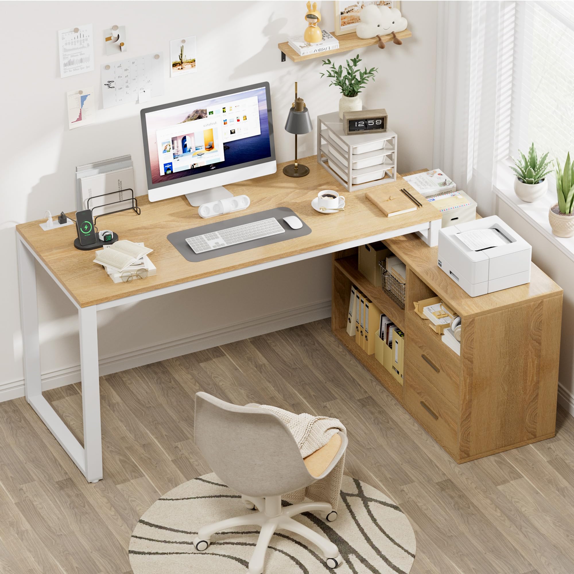 Homall L Shaped Desk with Drawers&Shelves, 55'' Corner Computer Desk with Power Outlets, Reversible PC Table with Storage File Cabinet for Home Office Studying Writing Gaming Workstation (Light Oak)