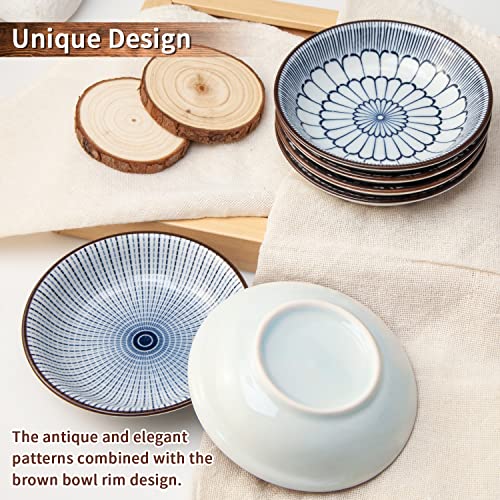 Eisinly Dipping Bowls, Soy Sauce Dish Ceramic, 3 OZ Small Serving Bowls for Side Dishes Vintage Blue Stylish Design, Set of 6 Mini Appetizer Plates for Condiment Sushi Ketchup BBQ Party, 4 Inch