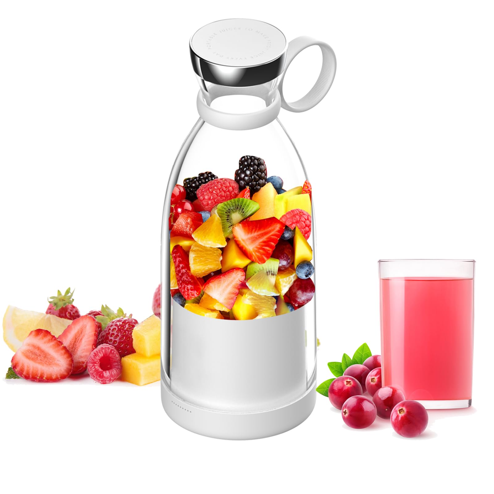 Asa Vea Mini Blender for Smoothies and Milkshakes, Portable Blender, Rechargeable, Personal Size Blender with Quota Outer Travel Lid with 4 Blades, 11 oz for Outdoors, Camping (White)