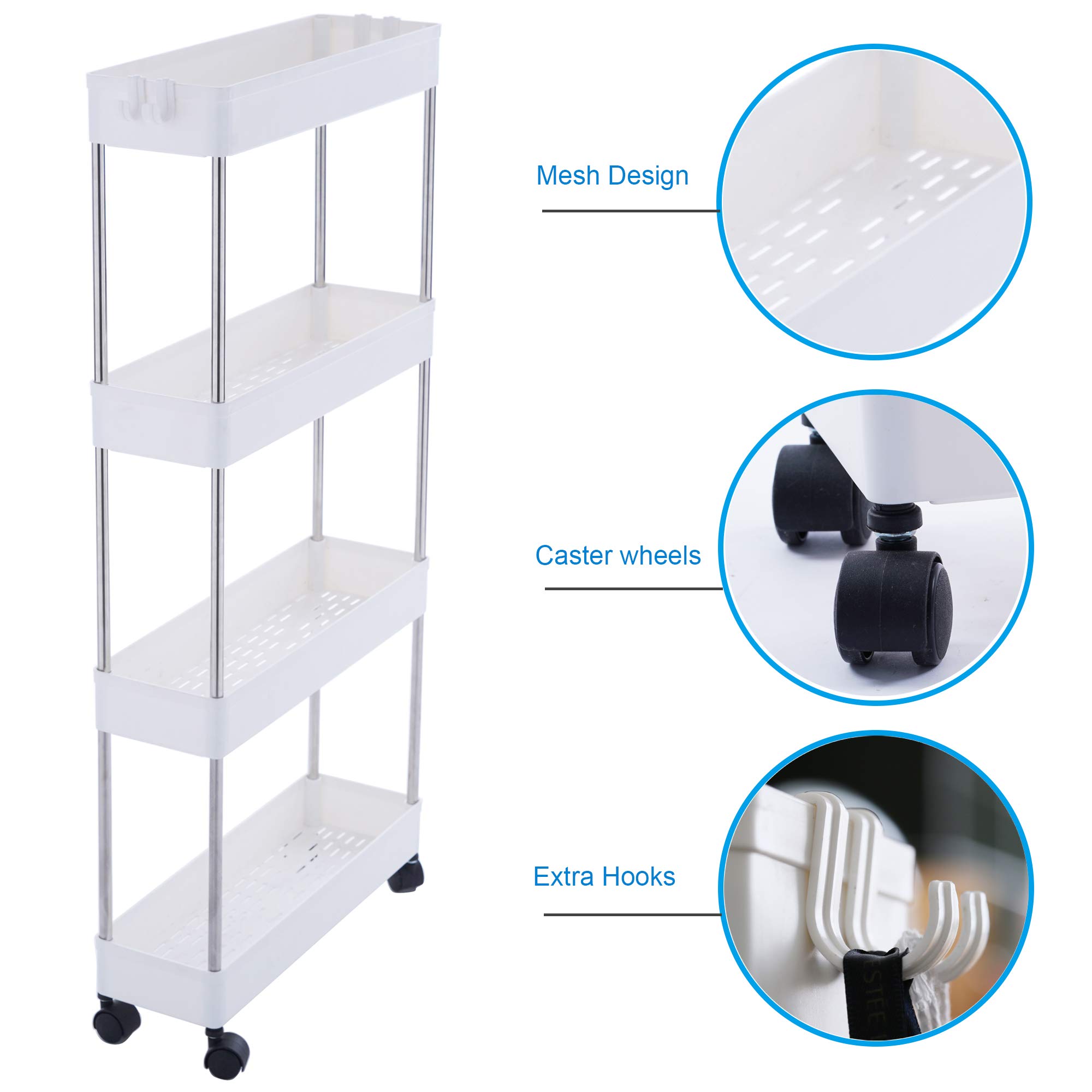4 Tier Slim Storage Cart, Mobile Narrow Rolling Cart with Wheels, Conveniently Slide Out Organizer Shelf Cart for Kitchen Bathroom Pantry Laundry Narrow Space - Plastic (White)…