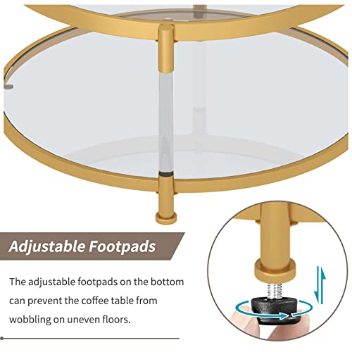 OIOG 2 Tier Coffee Table with Acrylic Legs,32.3" Wide Round Coffee Table with Glass Top, Modern Center Table for Living Room, Studio Apartment,Glass/Gold
